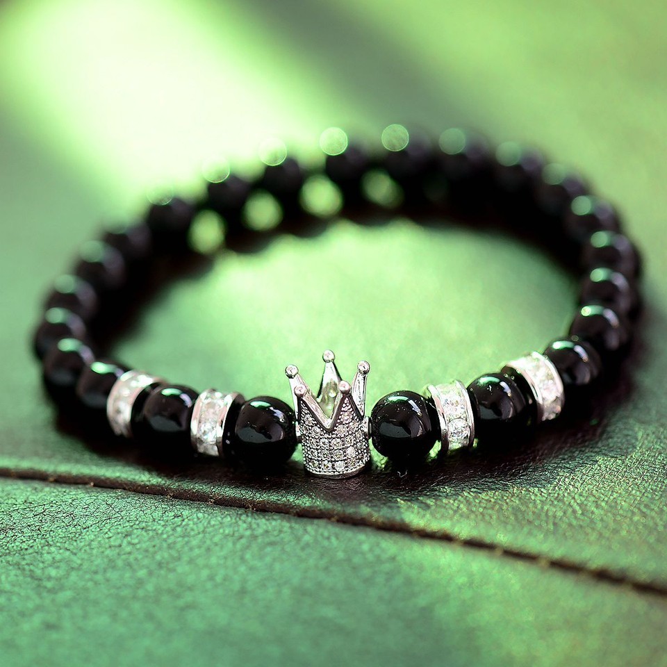 Luxury Crown Natural Stone Matte Black Charm Men's CZ Copper Bead Chuck Bracelet | eBay