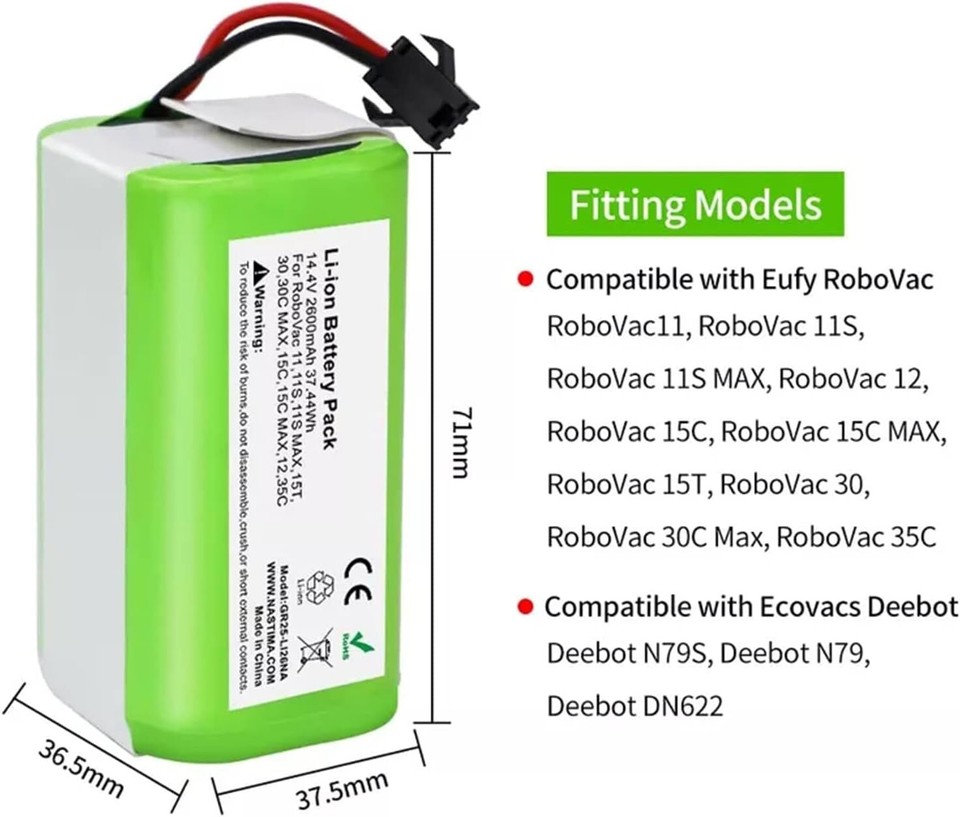 14.4V 2600mAh Li-ion Battery for Ecovacs Deebot N79S 500 N79 Eufy ...