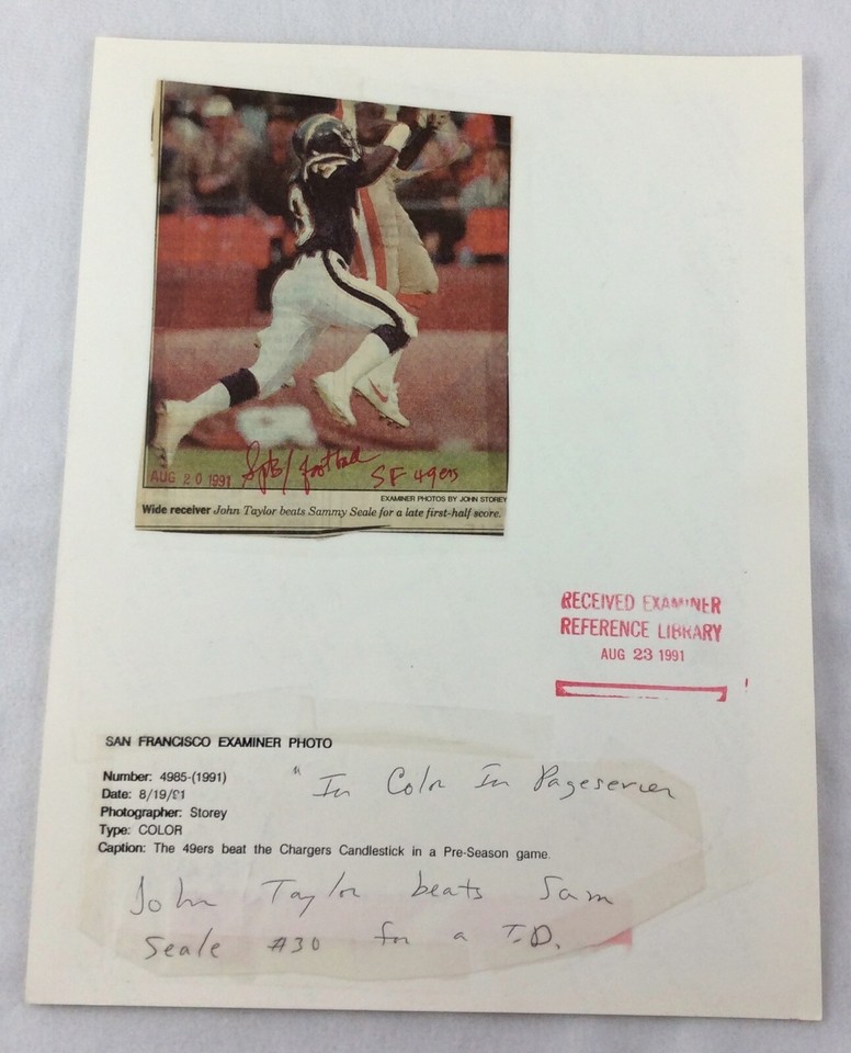 NFL 1991 SF Examiner 49ers Wire Photo-49ers John Taylor; Chargers Sam ...