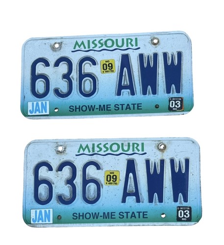 Missouri License Plates (2) Show-Me State 152-AWW January O3 09 ...