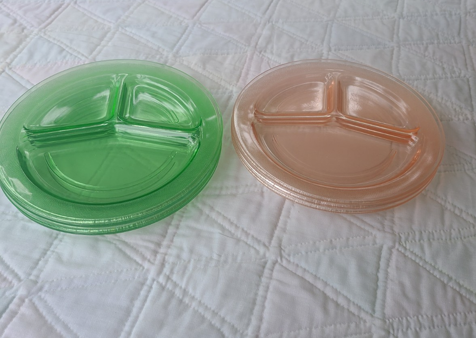 Seven 11" Depression Glass Divided Plates, 4 Uranium Green & 3 Pink ...