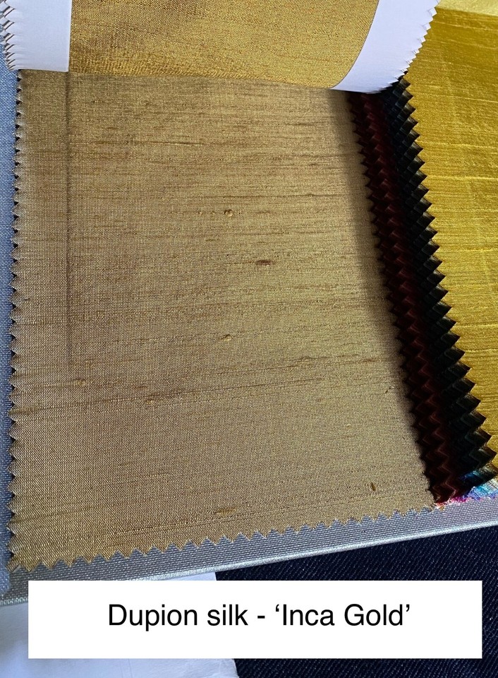 GOLD REAL SILK FABRIC SAMPLE. MTM WINDOW CURTAINS. PENCIL PINCH PLEAT ...