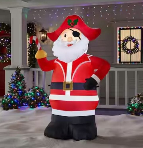 6 FT PIRATE SANTA WITH CANDY CANE HOOK Airblown Lighted Yard Inflatable ...