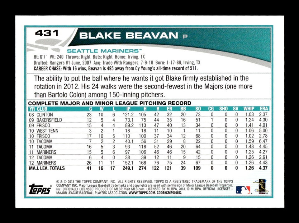 2013 Topps Blake Beavan #431 | eBay