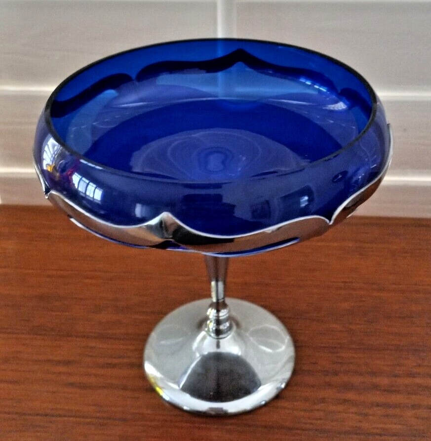 Vintage Farber Bros Cambridge Glass chrome Royal Cobalt Compote Candy ...