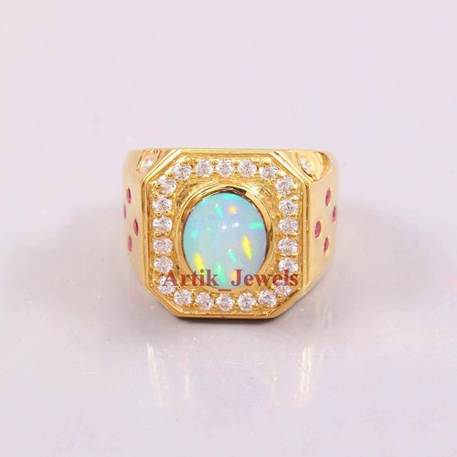 Natural Opal & Heated Ruby With 14K Gold Plated Silver Ring for Men's ...