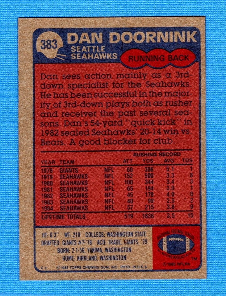 1985 Topps #383 Dan Doornink EXMT Seattle Seahawks | eBay