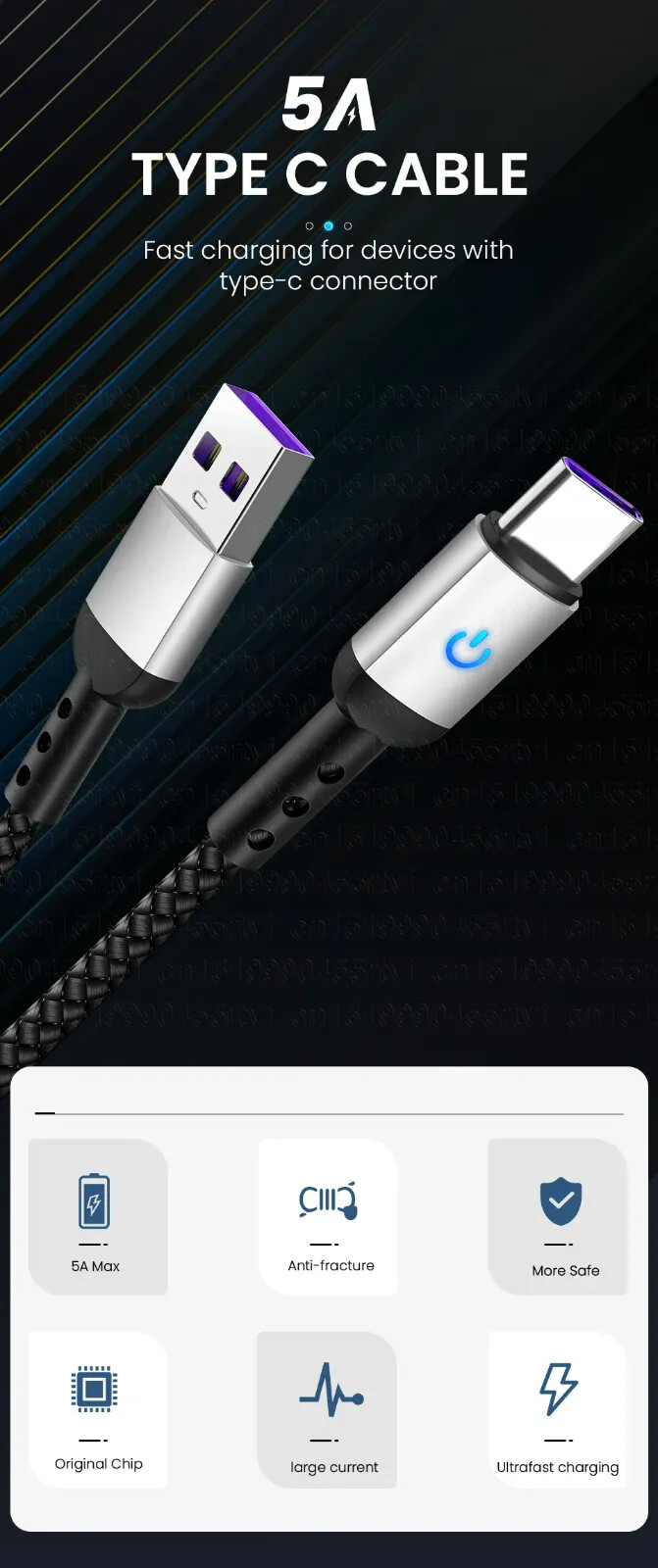 Type C Long Lead USB-C Cable Fast Charging Heavy Duty Phone Charger ...