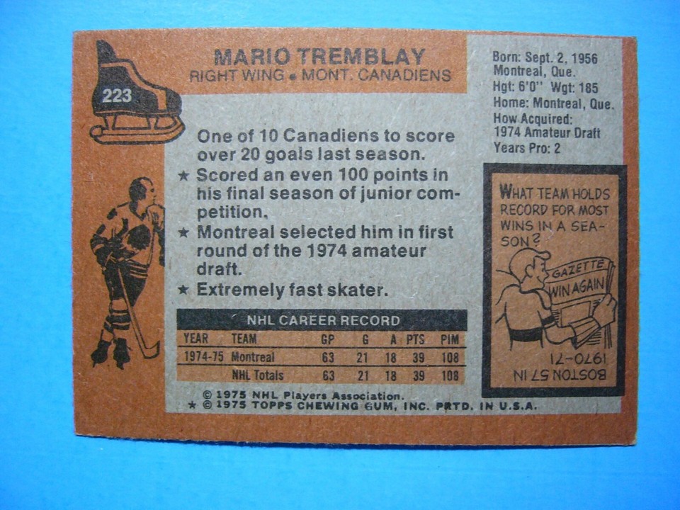 1975/76 TOPPS NHL HOCKEY CARD #223 MARIO TREMBLAY ROOKIE EX/NM SHARP ...