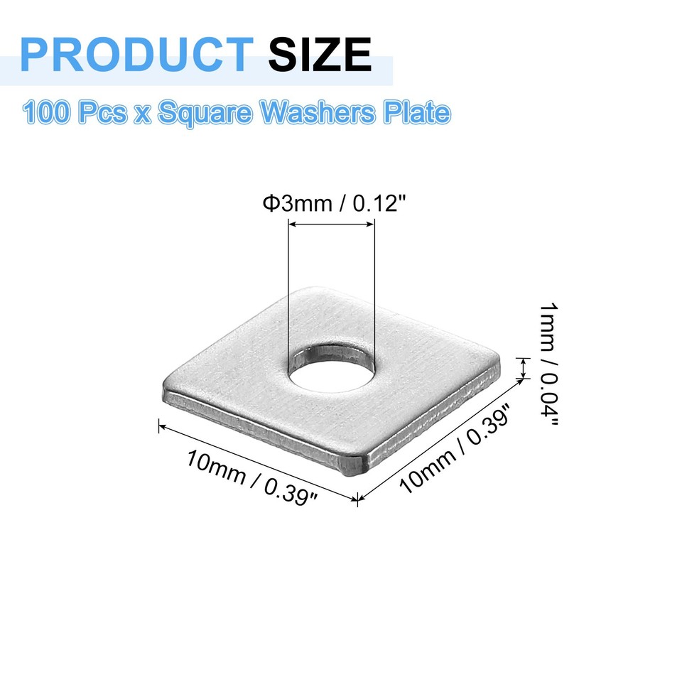 100Pcs 3/8" Square Plate Washer for 1/8" Bolt, Flat Bearing Plate (0.04 ...