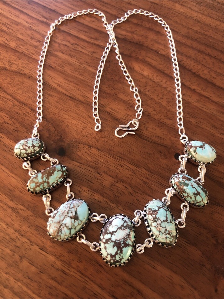 Aqua Blue Turquoise Seven Stone Necklace Chocolate Matrix Claw Bezel 18 ...