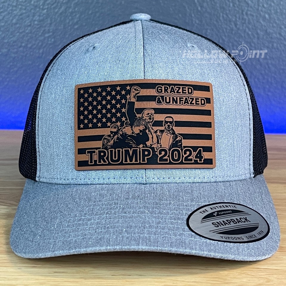 Grazed & Unfazed Trump 2024 Flag SnapBack Trucker Rawhide Leather Patch ...