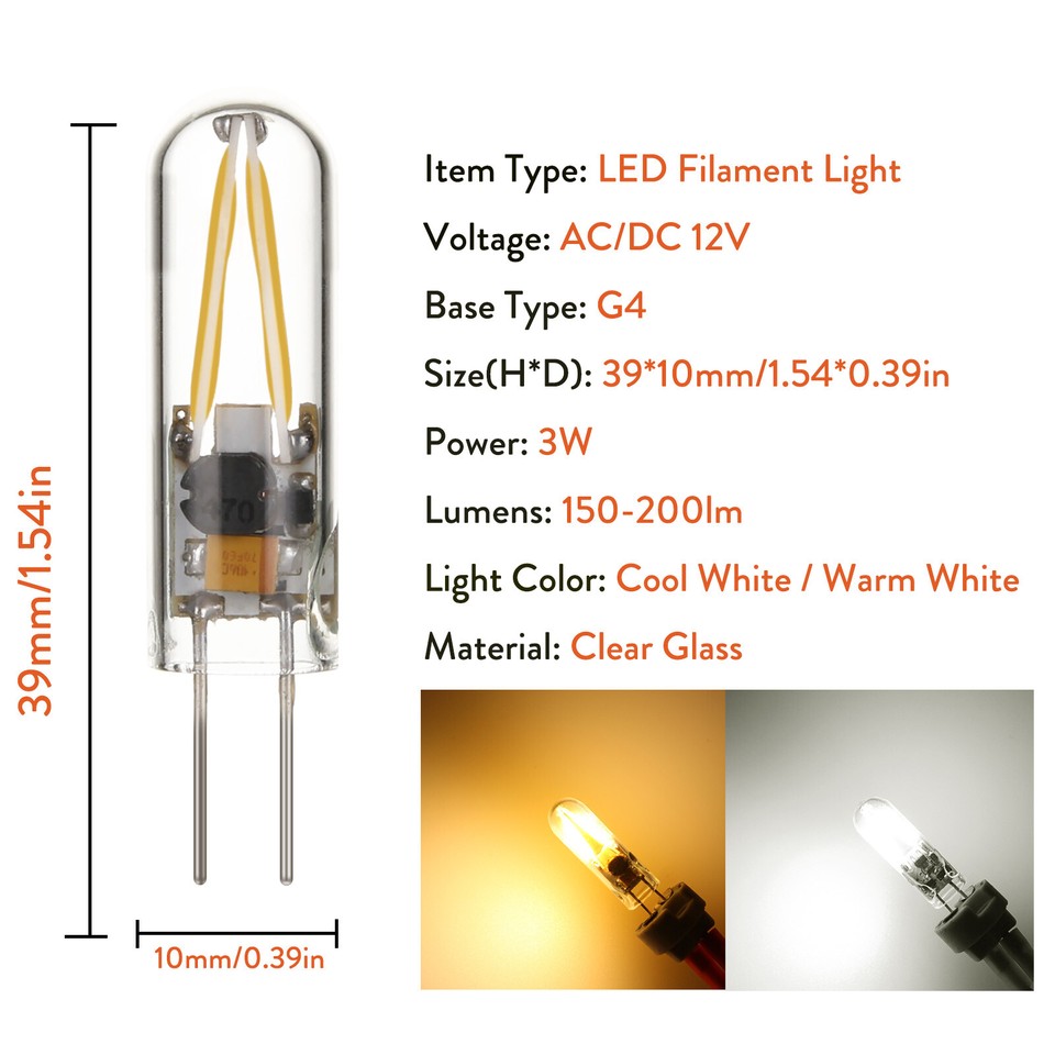 10X Mini G4 COB LED Filament Light Bulbs 3W 12V Replace 15W Halogen ...