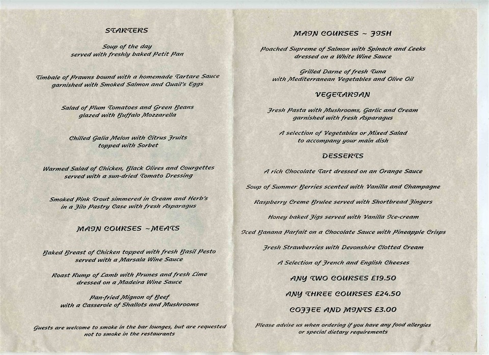 Dining Room & Breakfast Menus Lythe Hill Hotel Petworth Road Haslemere ...