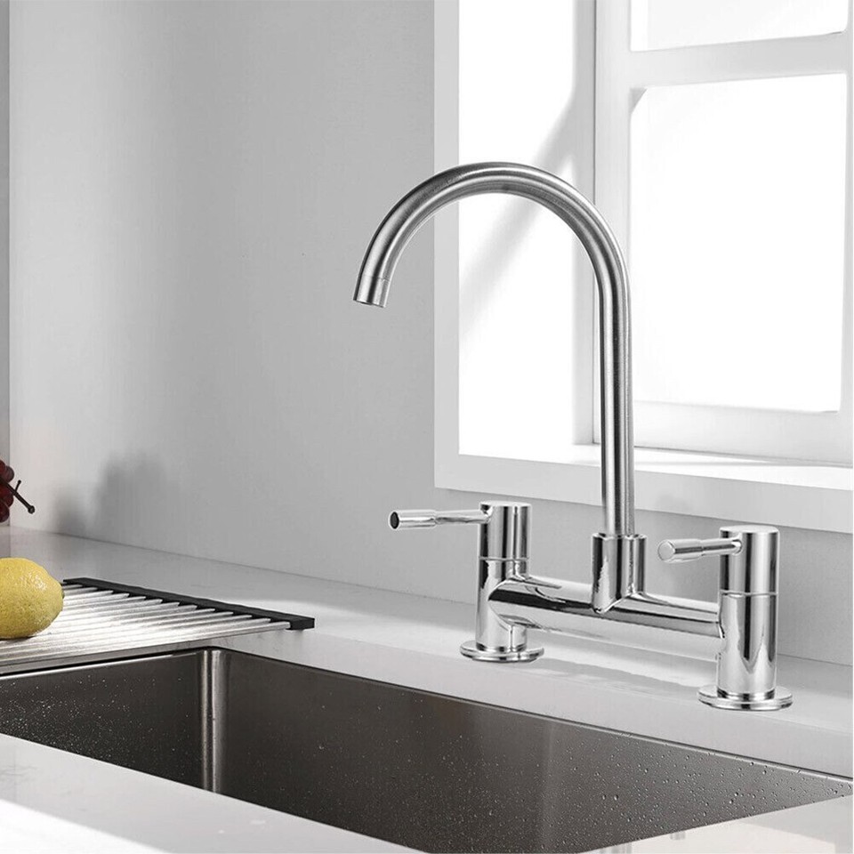 Modern Double Lever Chrome Kitchen Sink Hot and Cold Mixing Faucet 2 ...