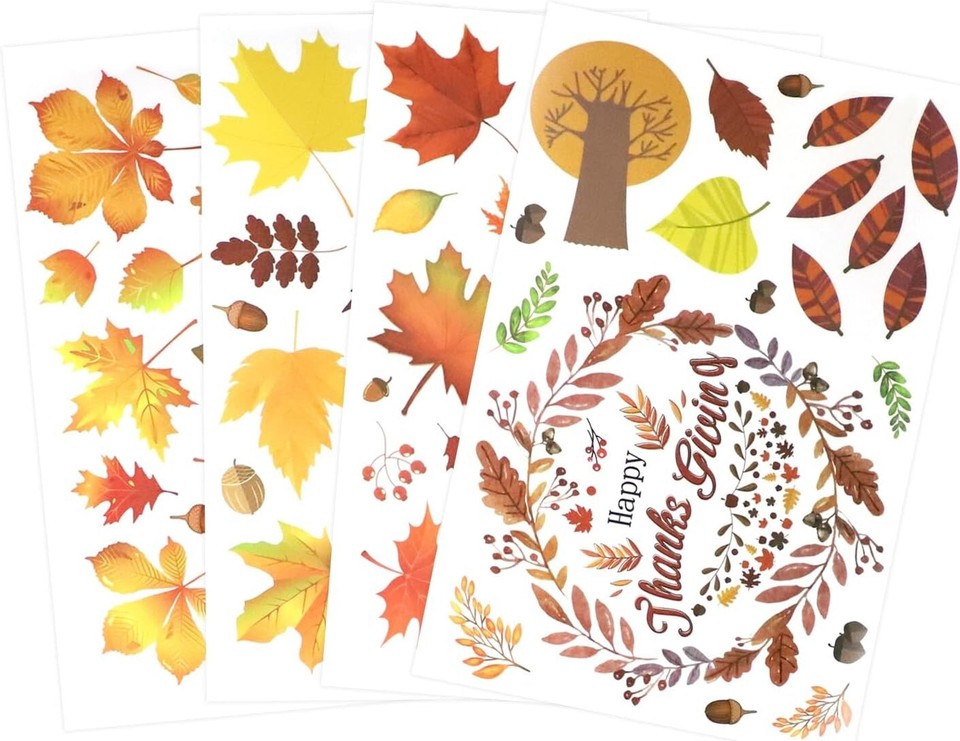 4 Sheets Leaf Leaves Window Cling Stickers Decorations Maple Acorns ...
