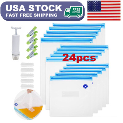 Vacuum Bags Reusable Seal Hand Pump Kitchen Food Saver 24PCS Storage ...