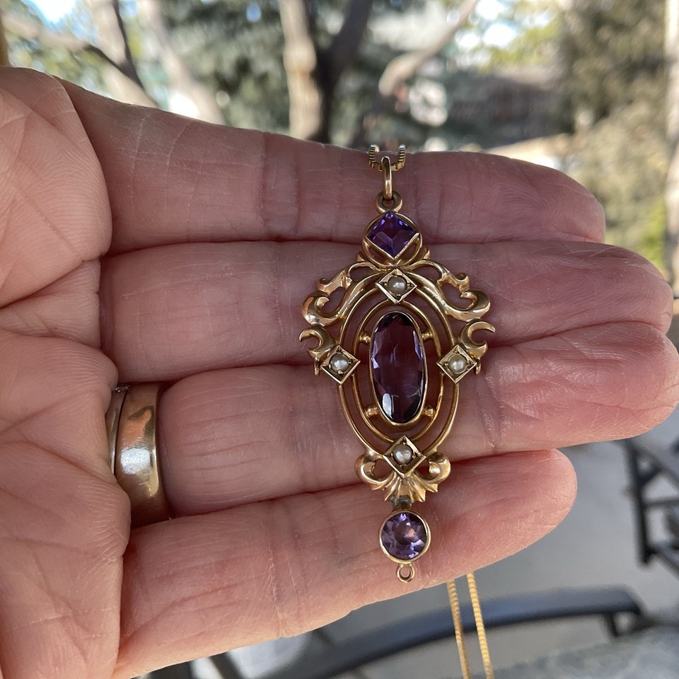 Estate Antique Victorian 10K YG Amethyst Pearl Lavaliere Pendant 4.80 ...