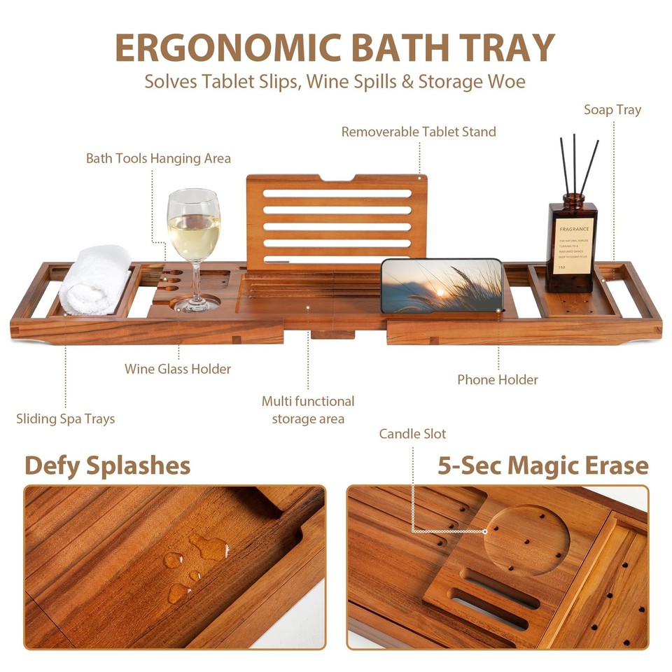 Teak Bathtub Tray | Adjustable Width Tray with Wine Holder, Tablet ...