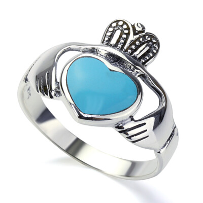 Fine Men Women 18mm 925 Silver Simulated Turquoise Heart Claddagh Ring ...