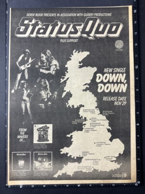 STATUS QUO - DOWN DOWN AND UK TOUR 1975 11X15" Press Advert Poster L269 ...