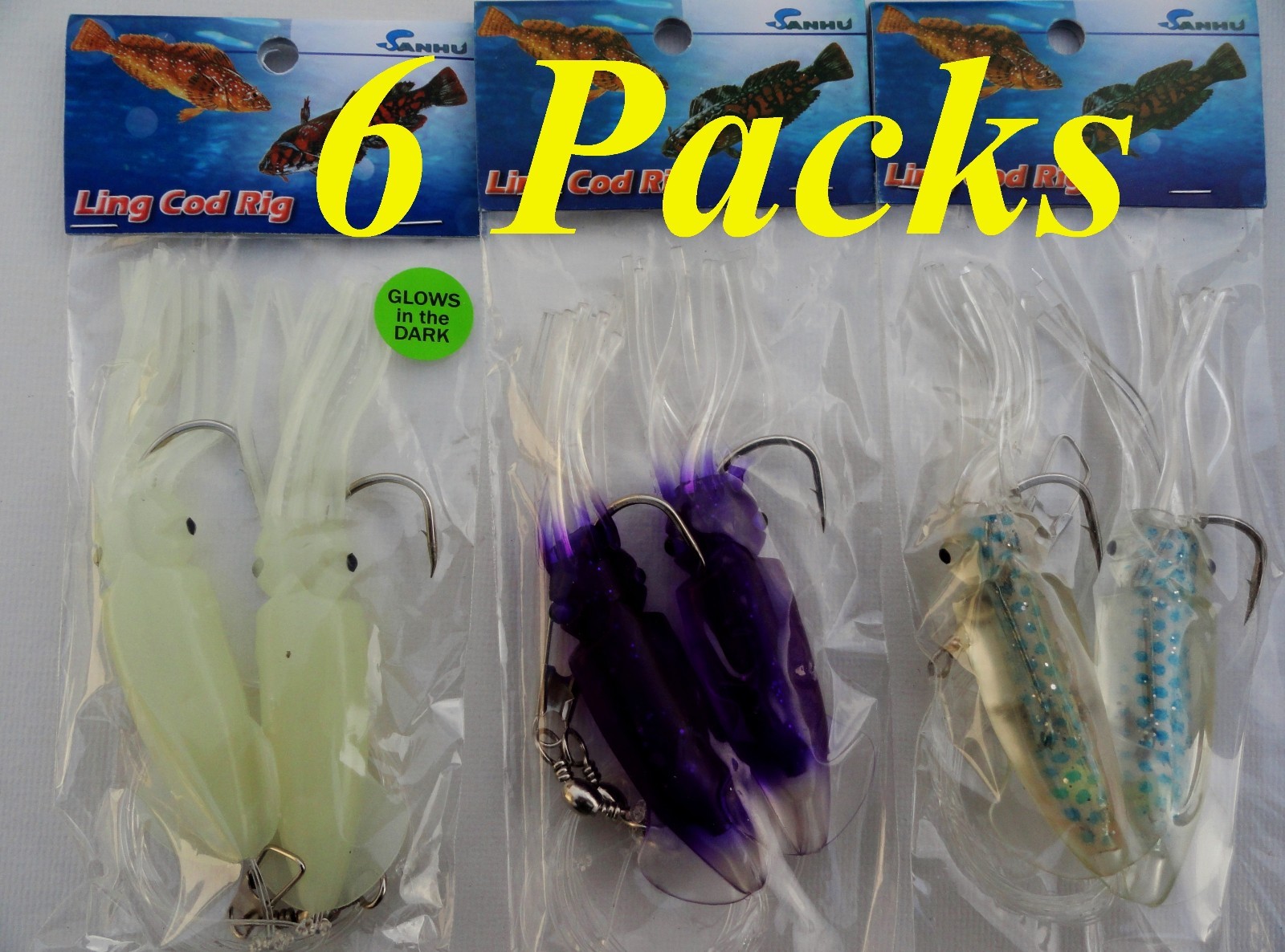 6 Packs 4.5 ''Ling Cod Rig Two Bulb Squid Rigged Combo 2 Purple,2 Blue ...