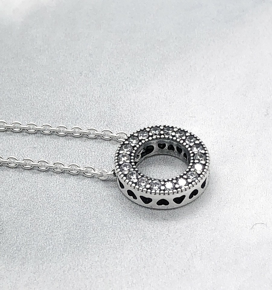 NEW PANDORA 925 Silver Circle of Sparkle Hearts Pendant Necklace ...