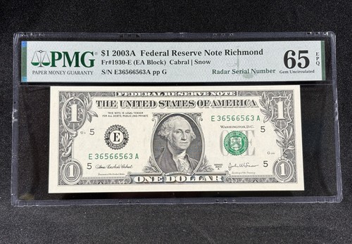 2003A $1 Federal Reserve Dollar Fancy Serial Number Radar 36566563 PMG ...