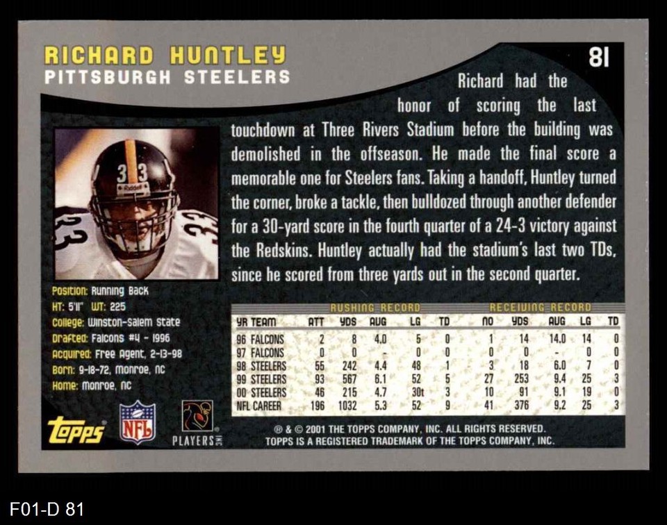 2001 Topps #81 Richard Huntley Steelers Winston-Salem 8 - NM/MT | eBay