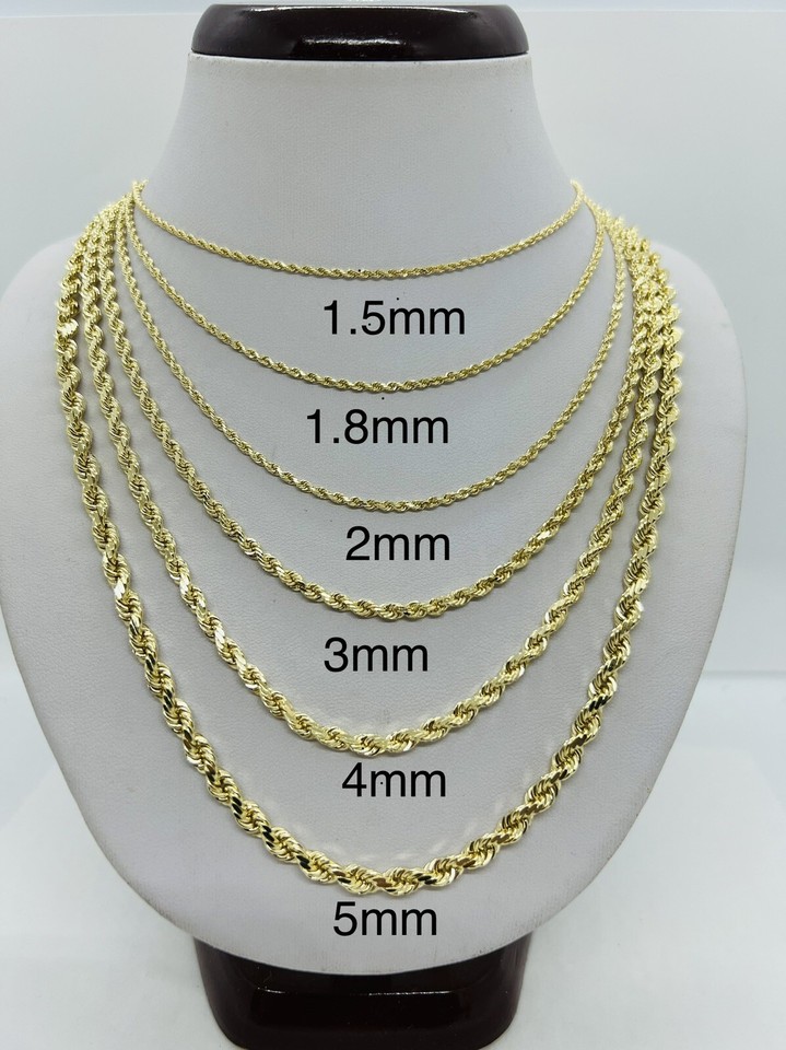 14k gold solid rope chain necklace men's women's 1.5mm - 5mm 16" - 30 ...