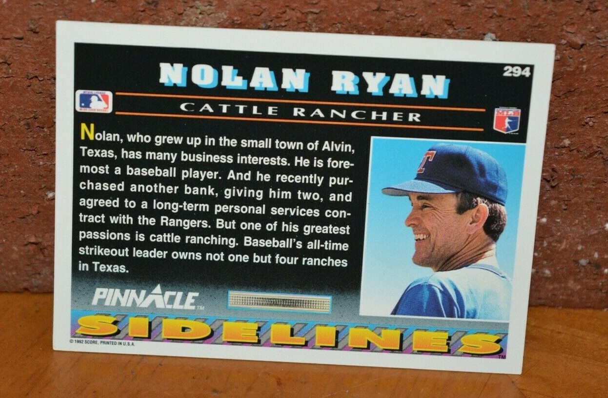 BASEBALL CARD PINNACLE NOLAN RYAN SIDELINES CATTLE RANCHER COWBOY | eBay