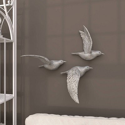 Resin Bird Metallic 3D Sculpted Wall Decor Set of 3 Silver - Olivia ...