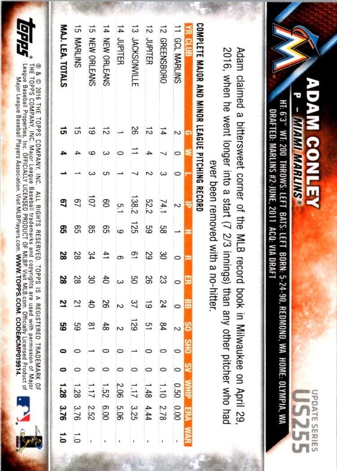 2016 Topps Update Adam Conley #US255 Miami Marlins Baseball Card | eBay