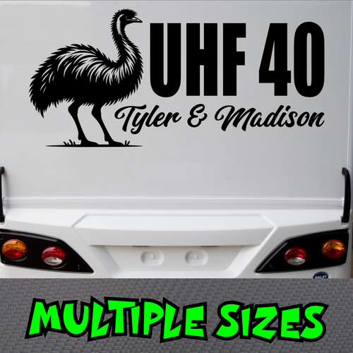 Custom Name UHF 40 Sticker Australia Caravan Emu Adventure Car Bird ...