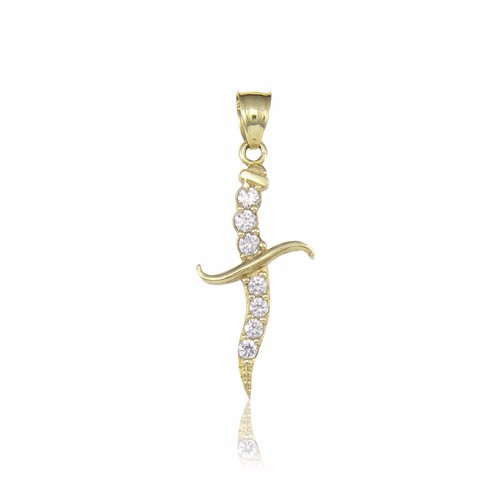10K Solid Yellow Gold Cubic Zirconia Knife Pendant - Dagger Sword ...
