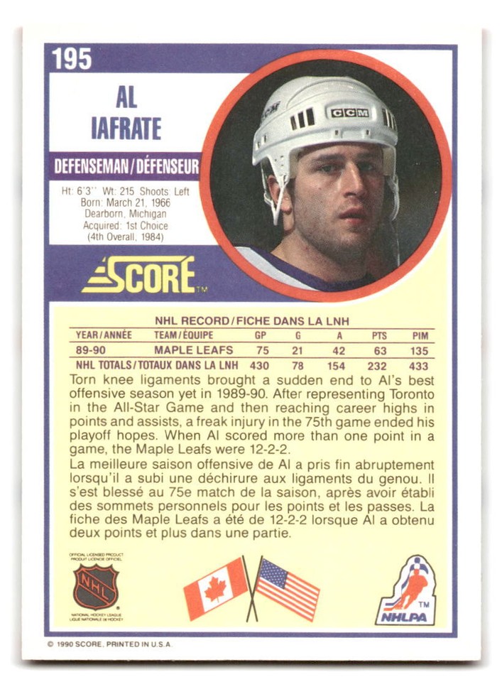 Al Iafrate 1990 Score Canadian HOCKEY #195 Toronto Maple Leafs | eBay