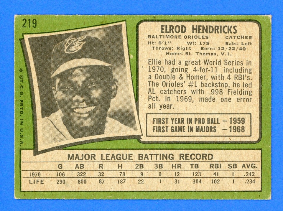 1971 Topps #219 Elrod Hendricks VG-EX Baltimore Orioles | eBay