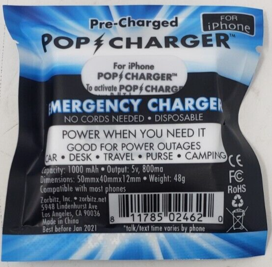 iPhone Emergency Pop Charger 5 Hours No Cord Needed Outages Disposable ...