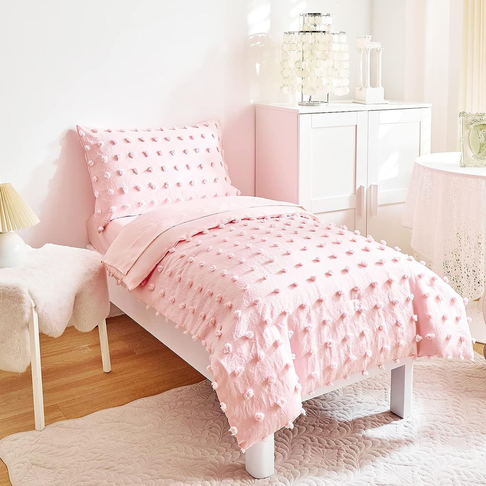 4 Pieces Tufted Dots Toddler Bedding Set Solid Pink Jacquard Pom | eBay