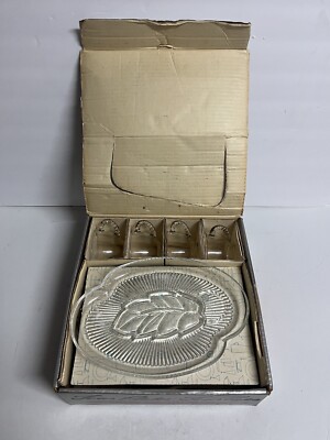 Vintage 50s Federal Glass Hospitality Snack Set Crystal Leaf with 4 ...
