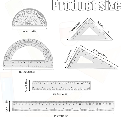 Plastic Clear Ruler Math Set, 2 Protractors 180 Degree 2 Triangle ...