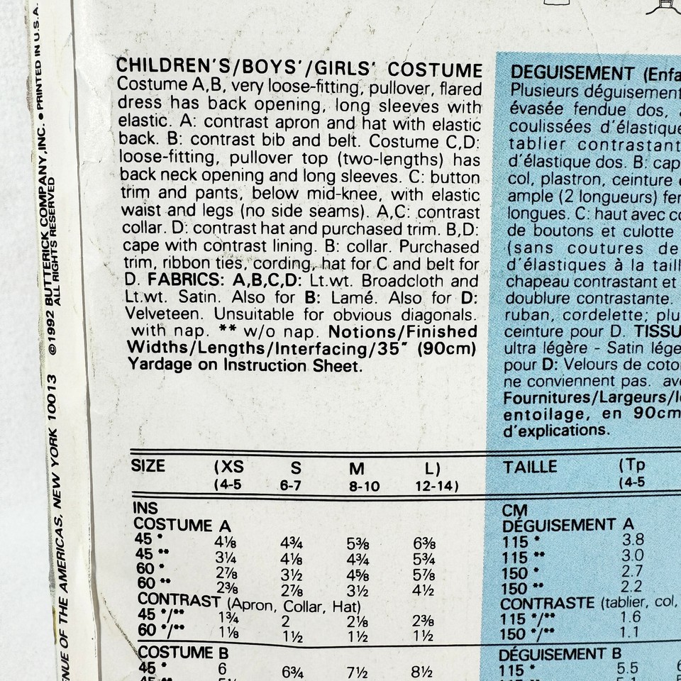 Butterick 6305 Pilgrim Lord Lady Costume Cosplay Childs Size XS L ...