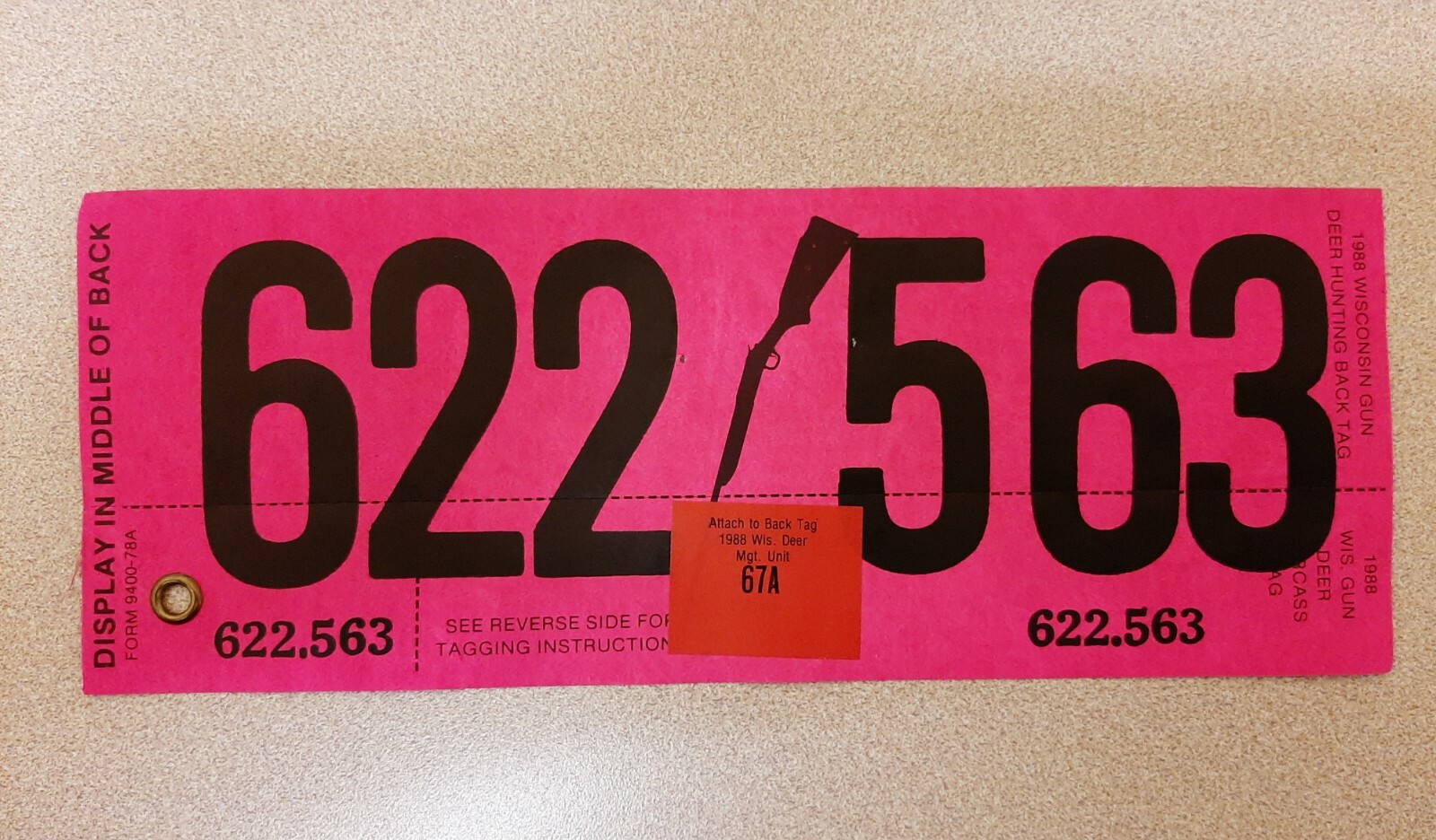 1988 Wisconsin Resident Deer Gun Hunting Back Tag License Pink Color ...