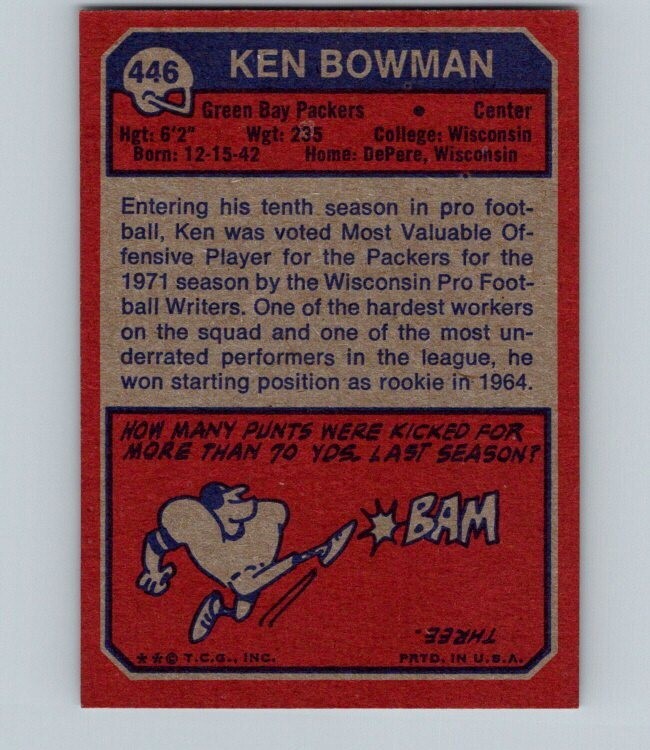 1973 TOPPS FOOTBALL #446 KEN BOWMAN NRMT ML | eBay