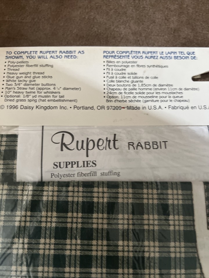 Vtg Daisy Kingdom RUPERT RABBIT 18” Doll Kit Fabric Panel ...