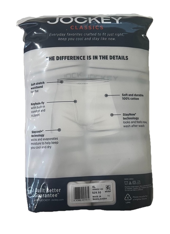 Men Jockey 3-Pack Classics Full Rise White Staycool Cotton Boxer Brief ...