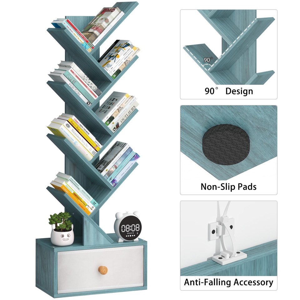 8 Tier Tree Bookshelf with Drawer, Free Standing Wood Bookcase for ...