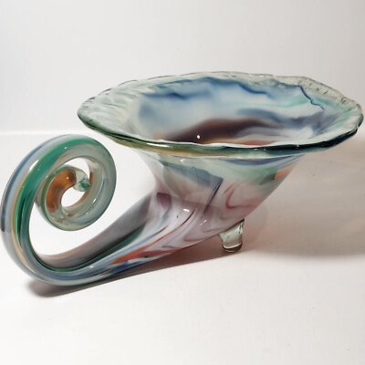Vintage MCM Red Blue Swirl Hand Blown Art Glass Cornucopia Vase Bowl | eBay