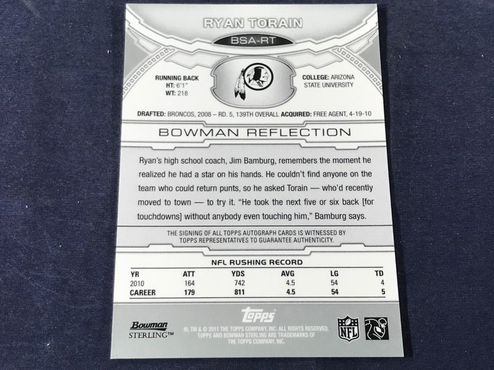 H4-68 FOOTBALL CARD - RYAN TORAIN REDSKINS - AUTOGRAPHED - 2011 BOWMAN ...