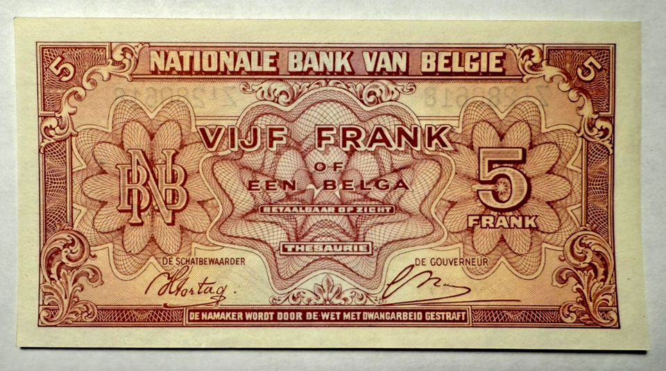 AU Belgium P-121 5 Francs-1 Belga Year 1943. Banknote | eBay